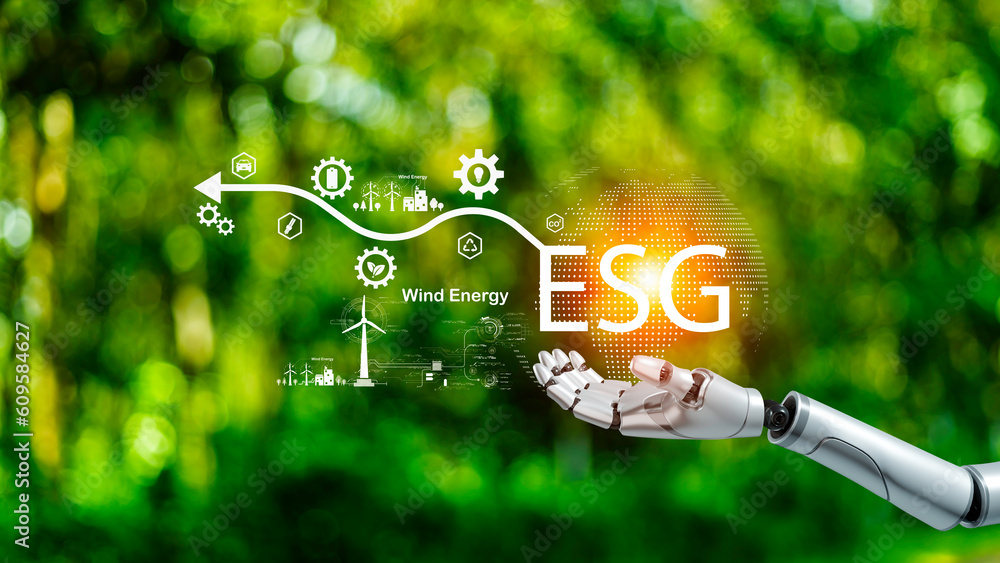 Net zero, ESG concept. AI, machine learning, robotic hand and human ...