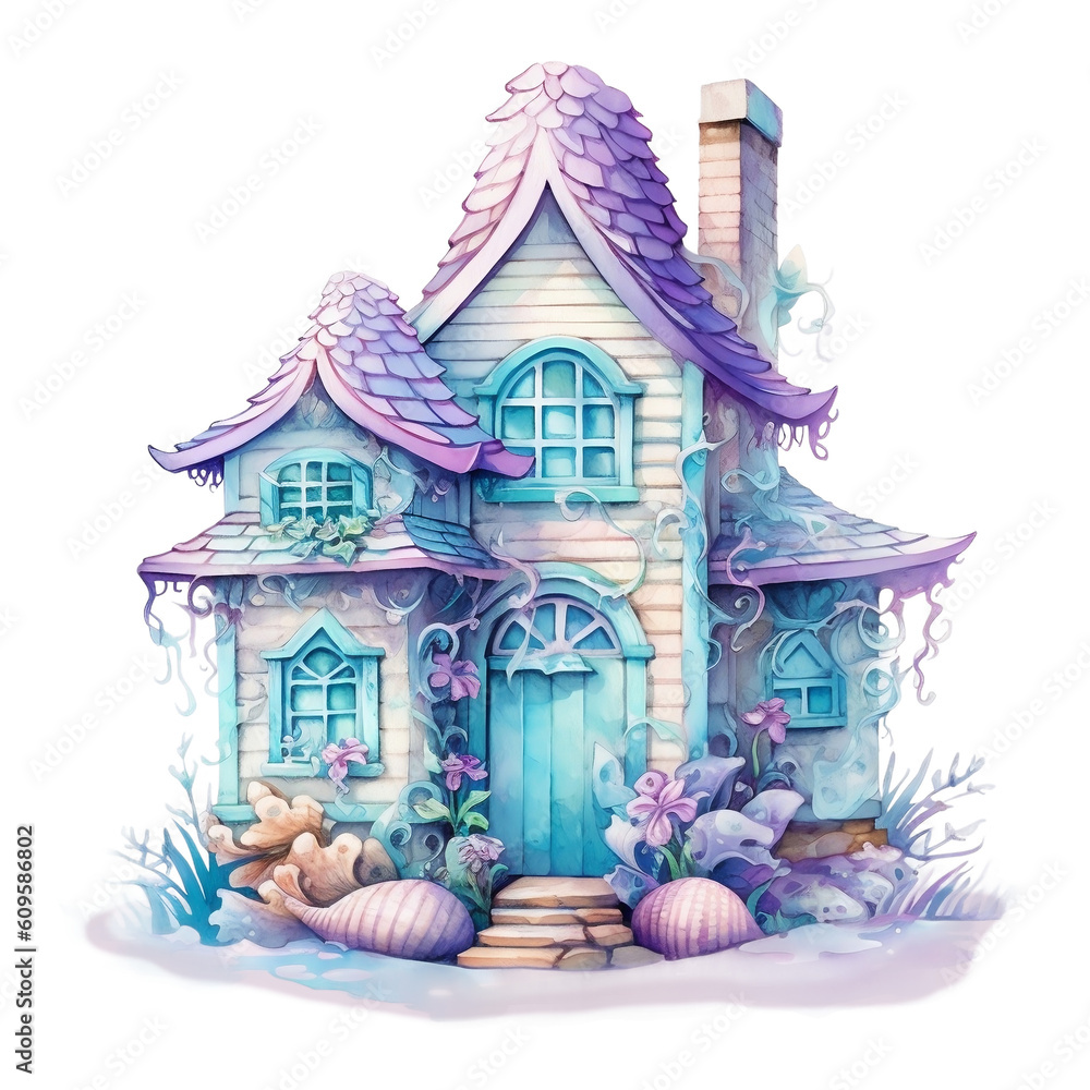 Mermaid House Watercolor Clipart, Under the Sea, Fantasy Mermaid, Cute ...