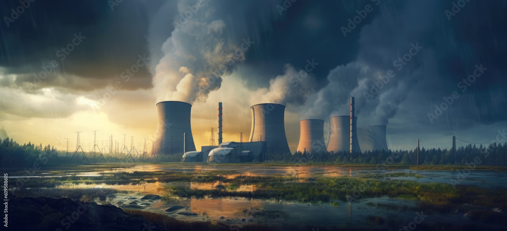 A typical nuclear reactor in the distance. A scene with a nuclear ...