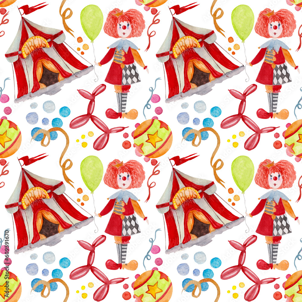 Watercolor pattern, circus tent, clown, ribbon and dots on white ...
