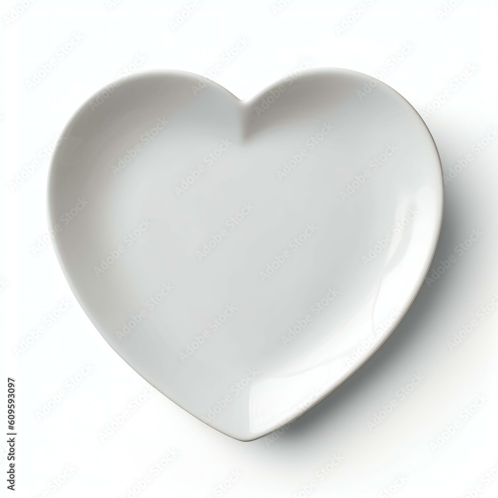 Empty plate in the shape of a heart on a white background in the center ...