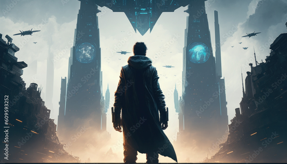 A futuristic sci-fi scene where a man stands in the middle of a vast ...