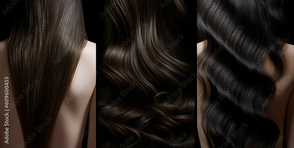 Collage of beautiful long brown hair. Hairdresser salon concept. Wavy ...