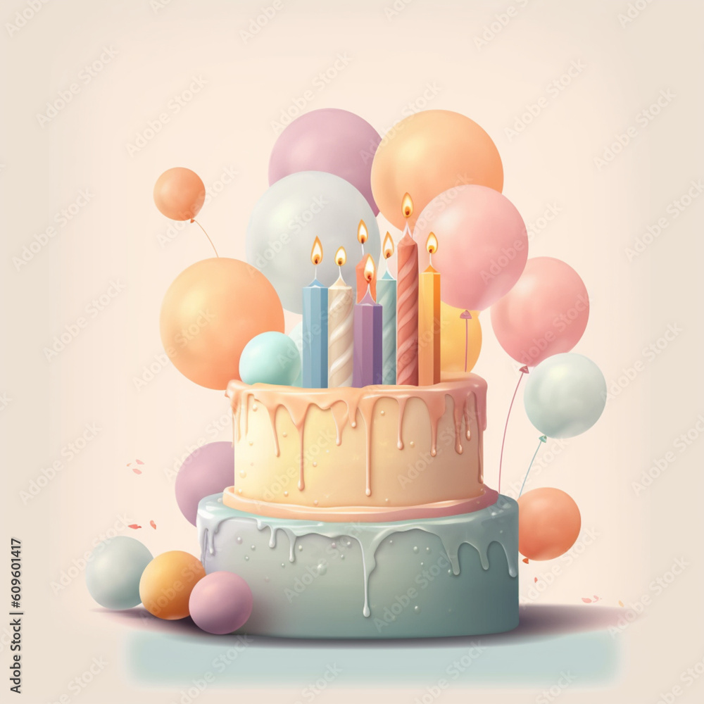 pastel color birthday cake with candles and balloons illustration Stock ...