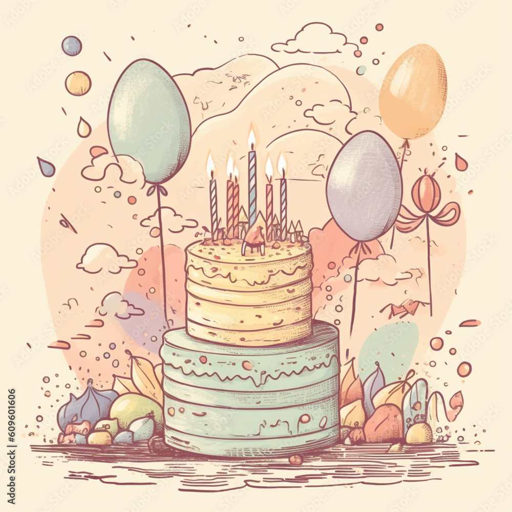 pastel color birthday cake with candles and balloons illustration Stock ...