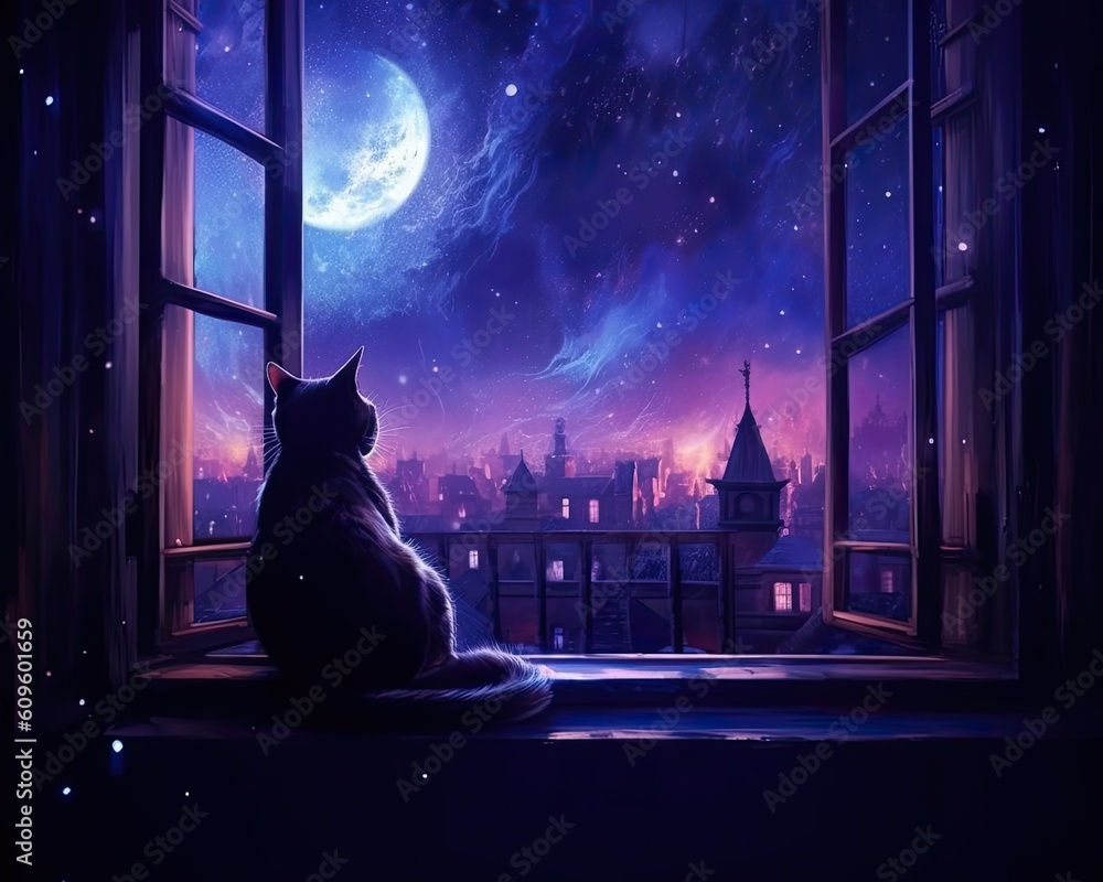 serene nighttime scene with a cat sitting on a windowsill, gazing at ...