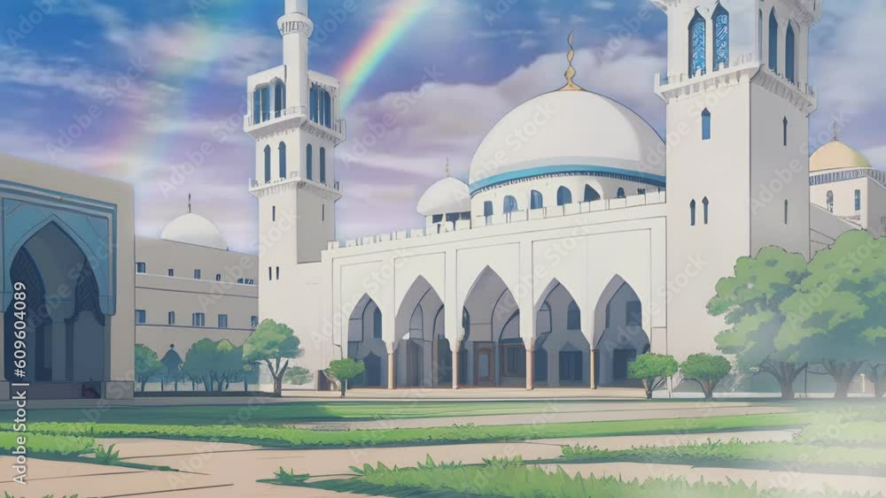 Islamic animation of beautiful mosque building and beautiful trees ...