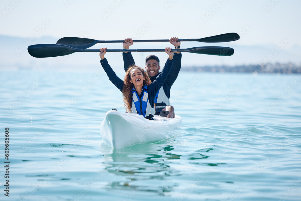Kayak, sports and team celebrate win on rowing boat on a lake, ocean or ...