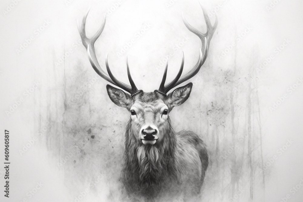 Beautiful male deer in pencil sketch, generative ai Stock Illustration ...