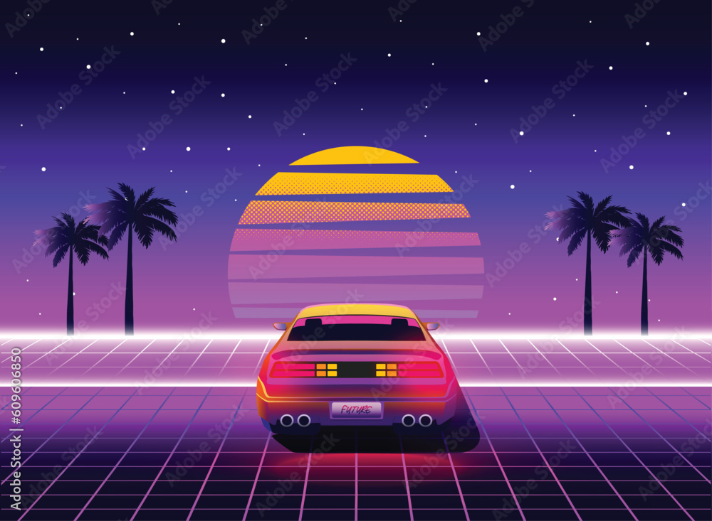 Retro 80s sci-fi futuristic style background with supercar. Vector retro futuristic synth wave ...