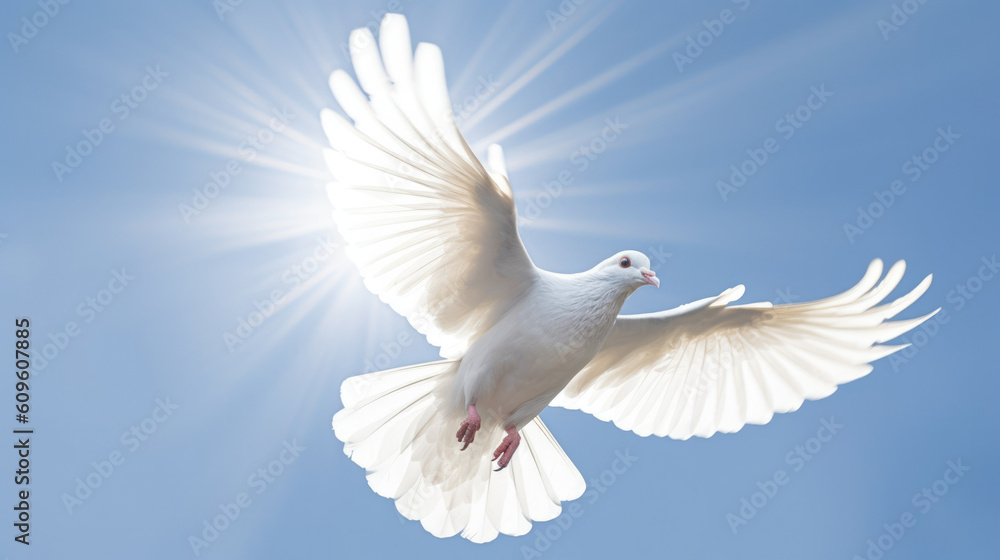 Closeup of Clean White Dove Flying in the Bright Blue Sky. Symbolizes ...