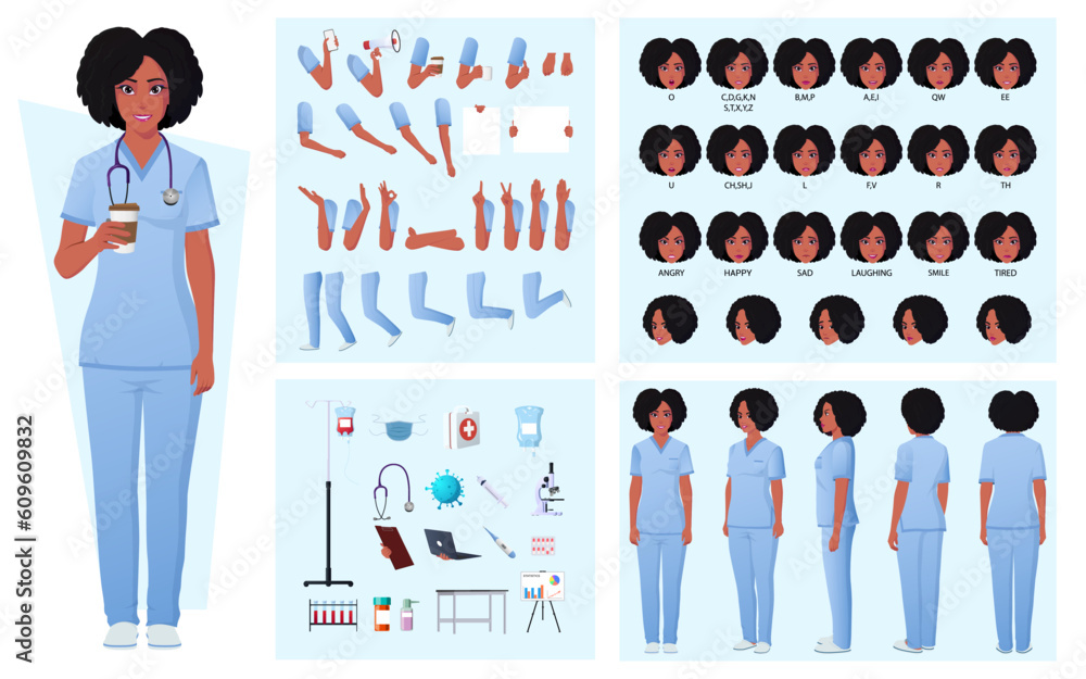 Nurse, Doctor Character Constructor with African American Woman, Face ...