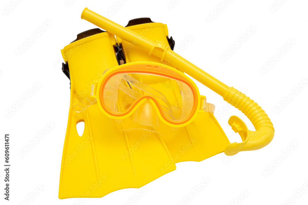 Yellow diving equipment, mask snorkel and flippers isolated on ...