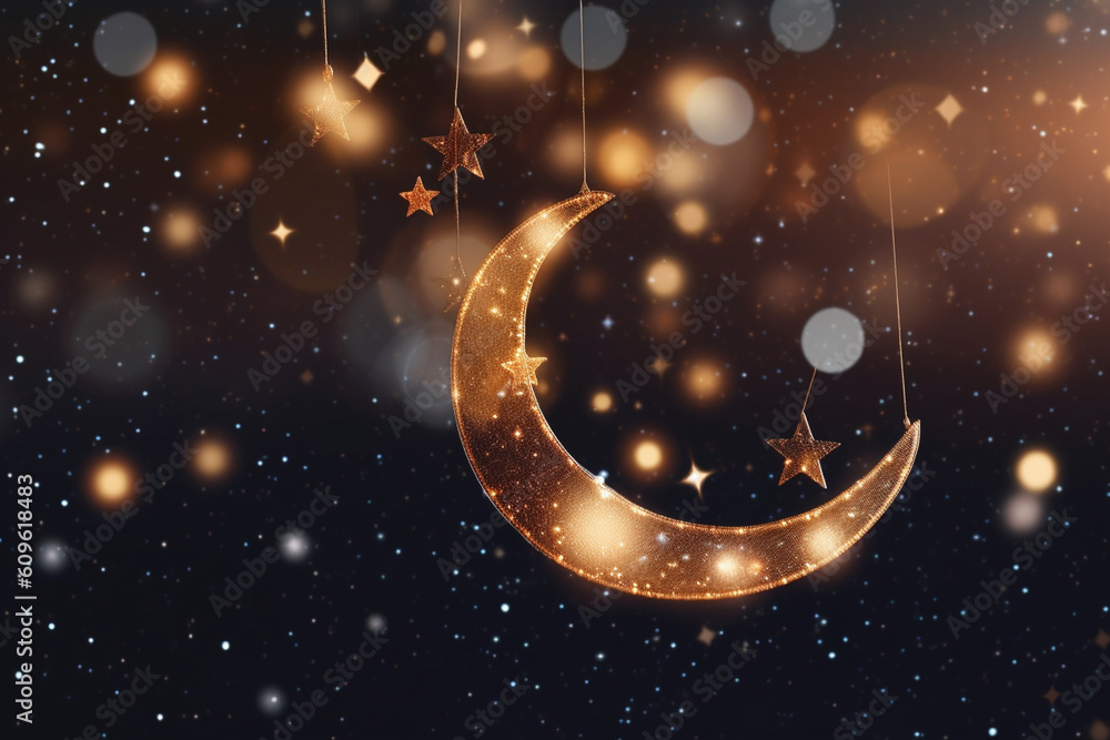 Illuminated crescent moon and stars against a night sky for Islamic New ...