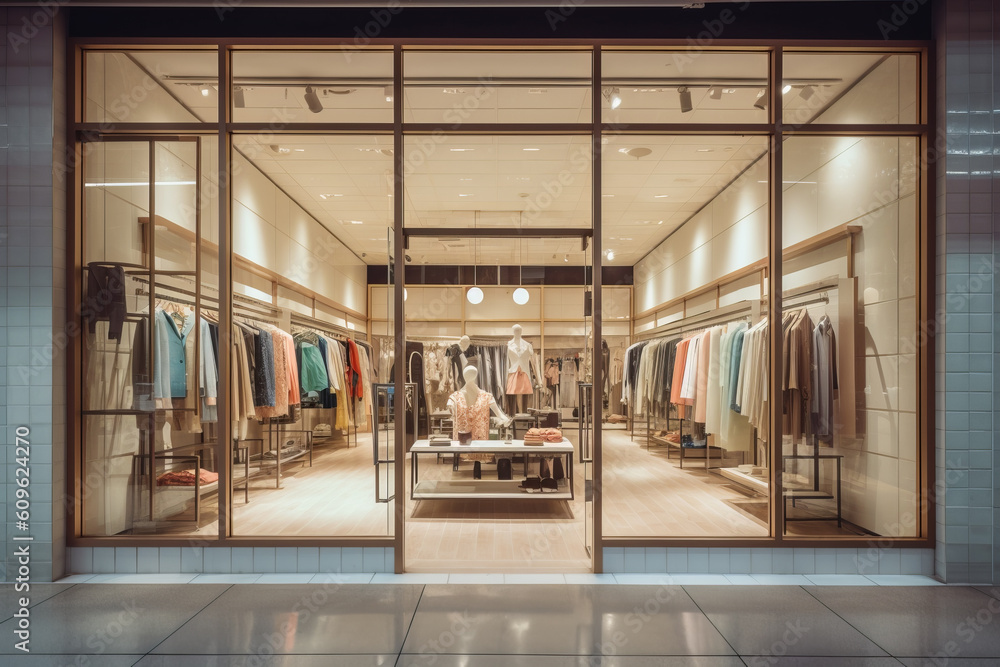 Modern Clothing Boutique with Glass Facade in Shopping Mall: Front View ...