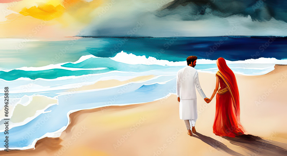 Beautiful abstract wedding couple bride and groom walking together at ...