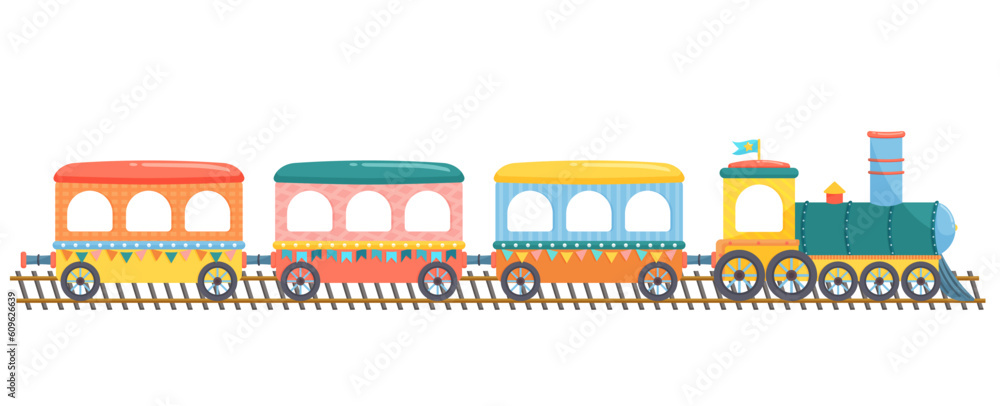 Cute funny train on railroad. Colorful toy locomotive. Childhood ...