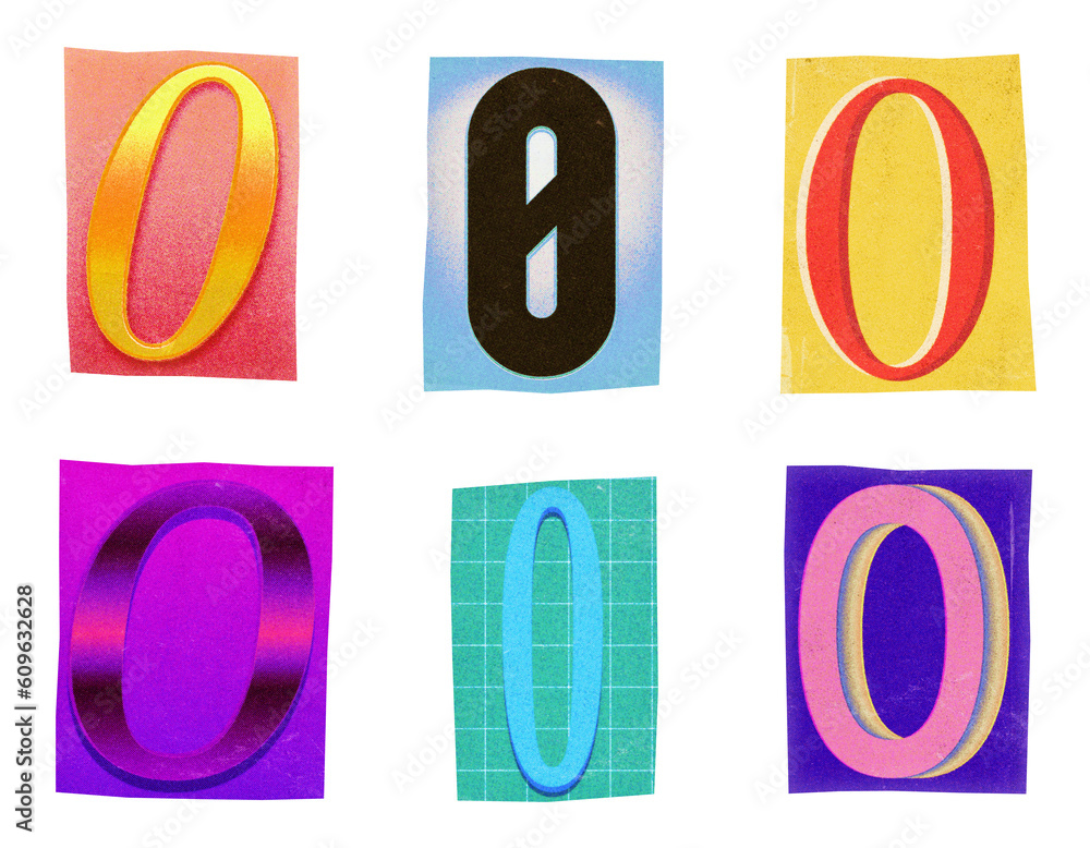 Number 0 ransom note paper cut-out collage elements in various graphic ...