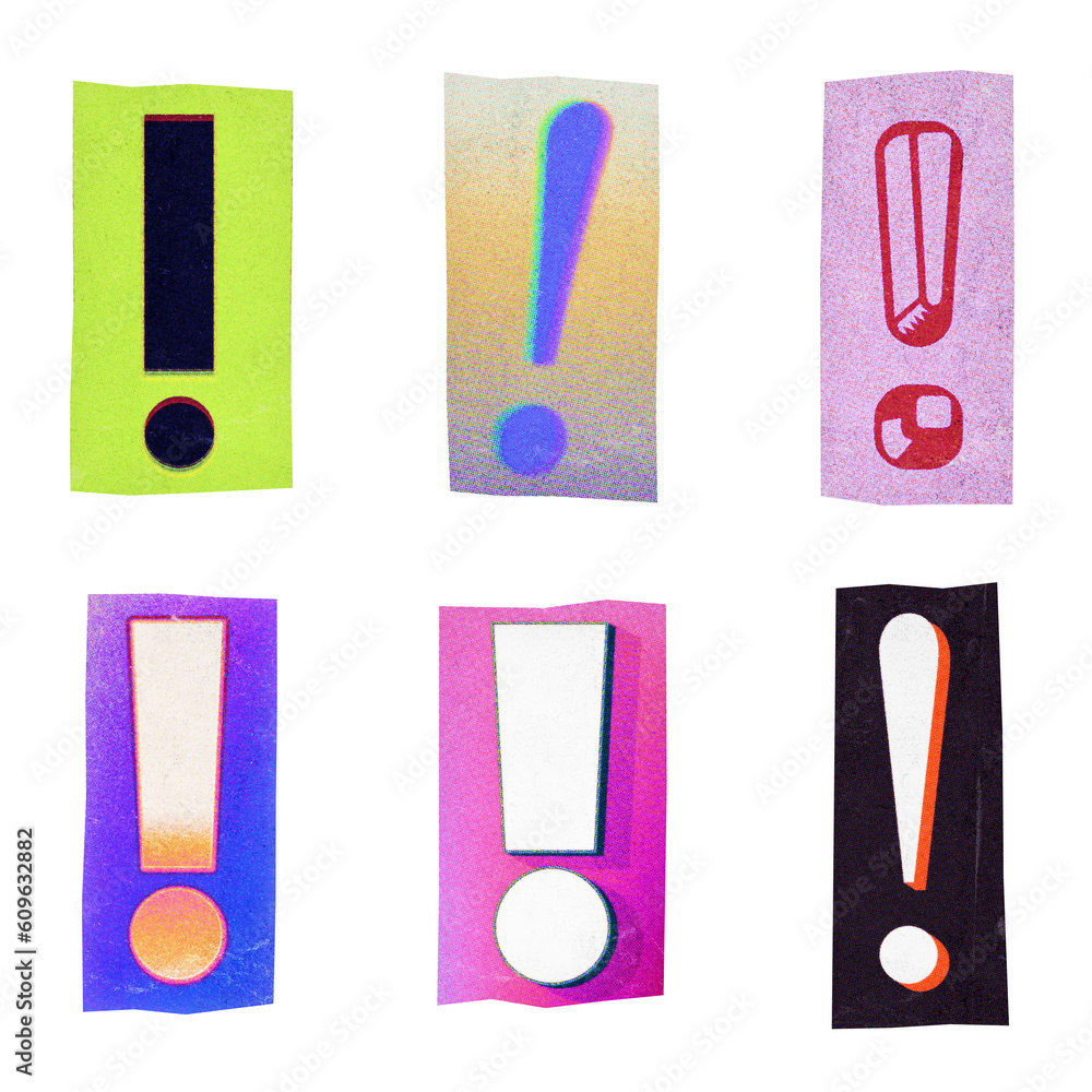 Exclamation mark ransom note paper cut-out collage elements in various ...