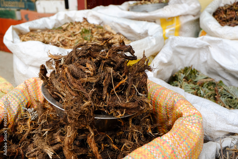 Muskroot, Indian Spikenard (Jatamanshi) Root in a sack at a market. The ...