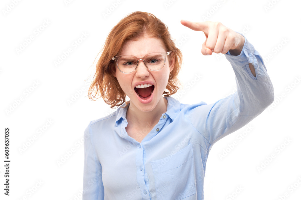 Portrait angry redhead young woman screaming isolated on white studio ...