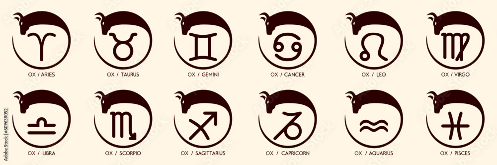 Vector year of the ox Animal icons eastern annual horoscope and zodiac ...