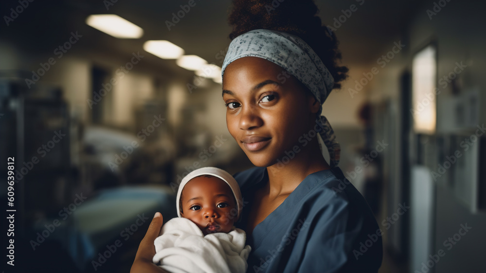 Young nurse holding newborn baby in her arms in maternity ward. After ...