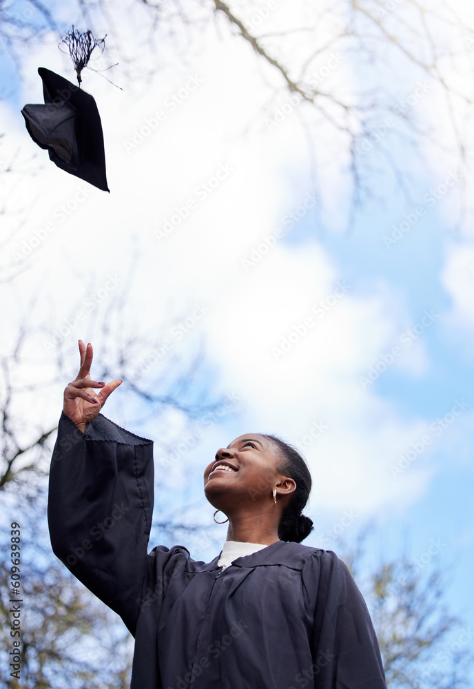 Success, graduation and a black woman throwing a hat for education ...