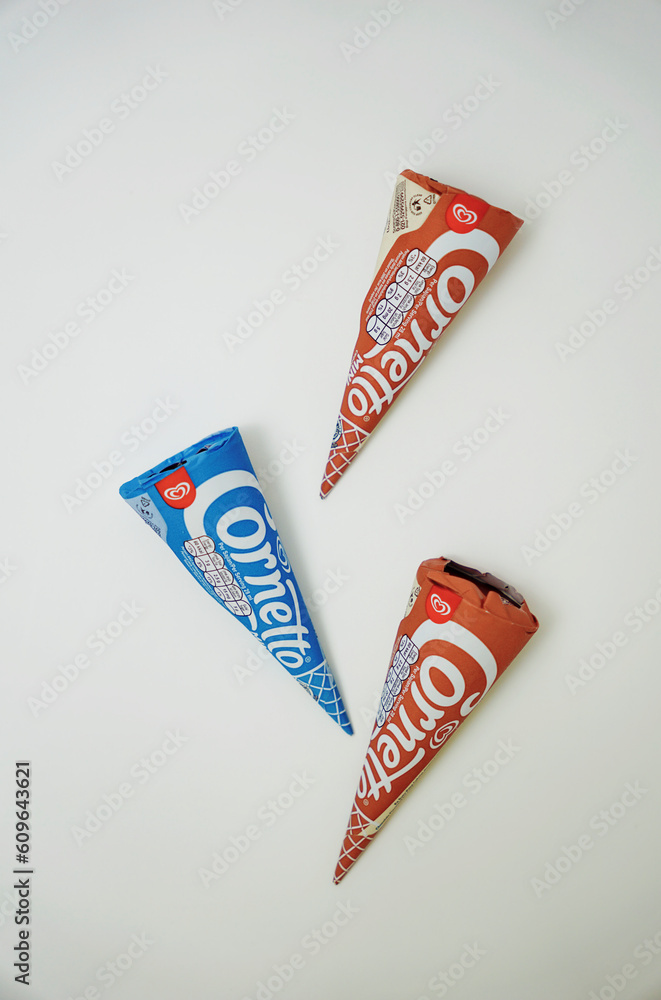 Three Cornetto frozen dessert cones flavors on white background in Ho ...
