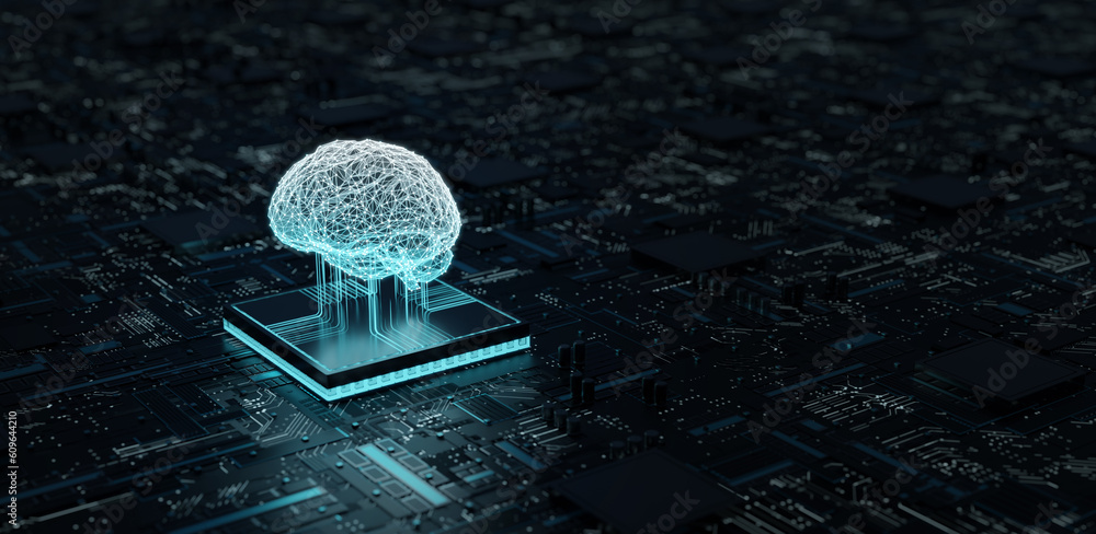 Artificial Intelligence hardware concept. Glowing blue brain circuit on microchip on computer ...
