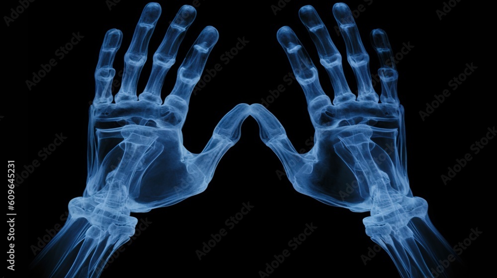 X-ray of both hands of a male human, blue tone radiograph on a black ...