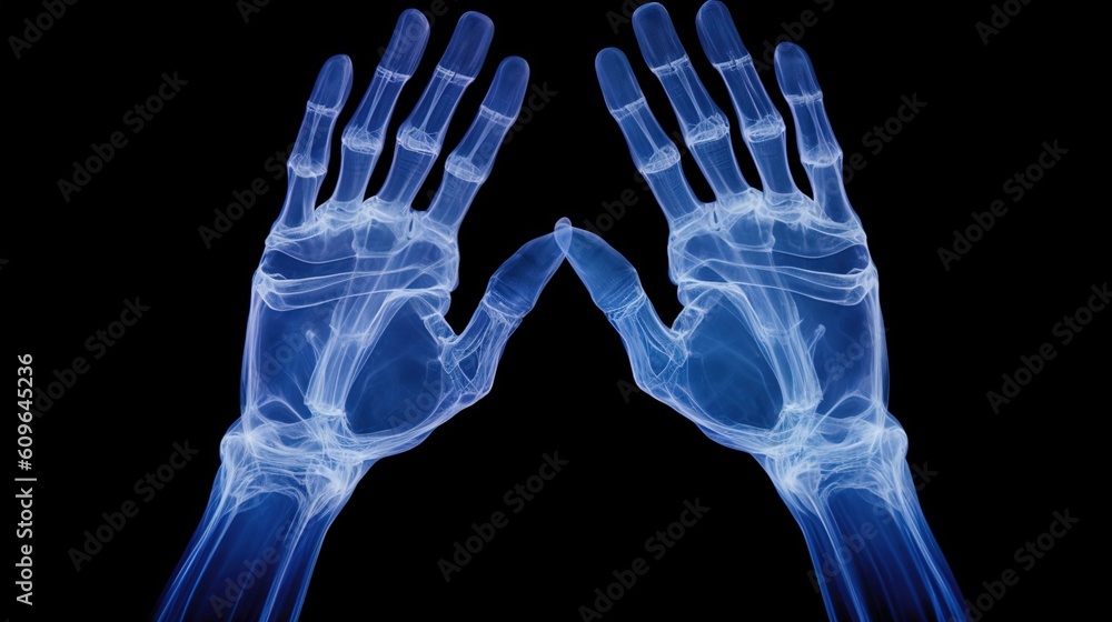 X-ray of both hands of a male human, blue tone radiograph on a black ...