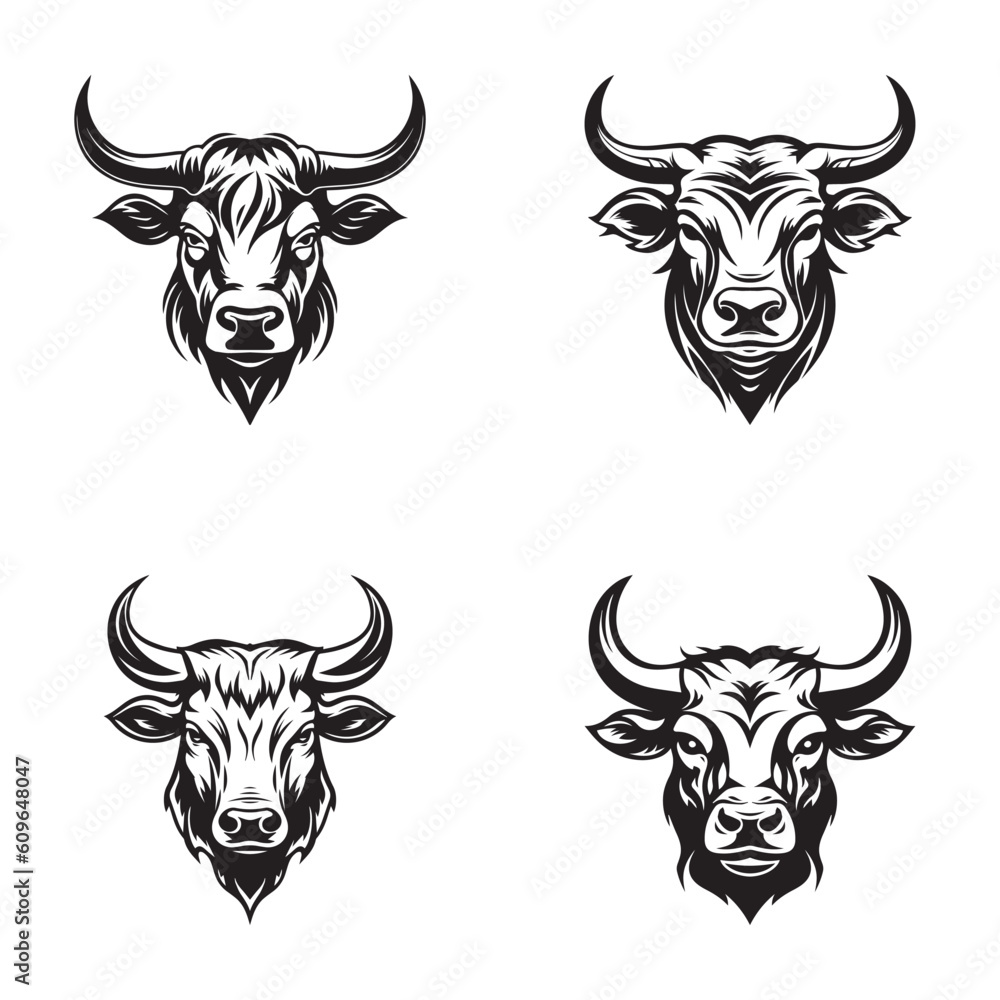 Bull head logos, silhouette set, black icon, mascot, bull silhouette ...