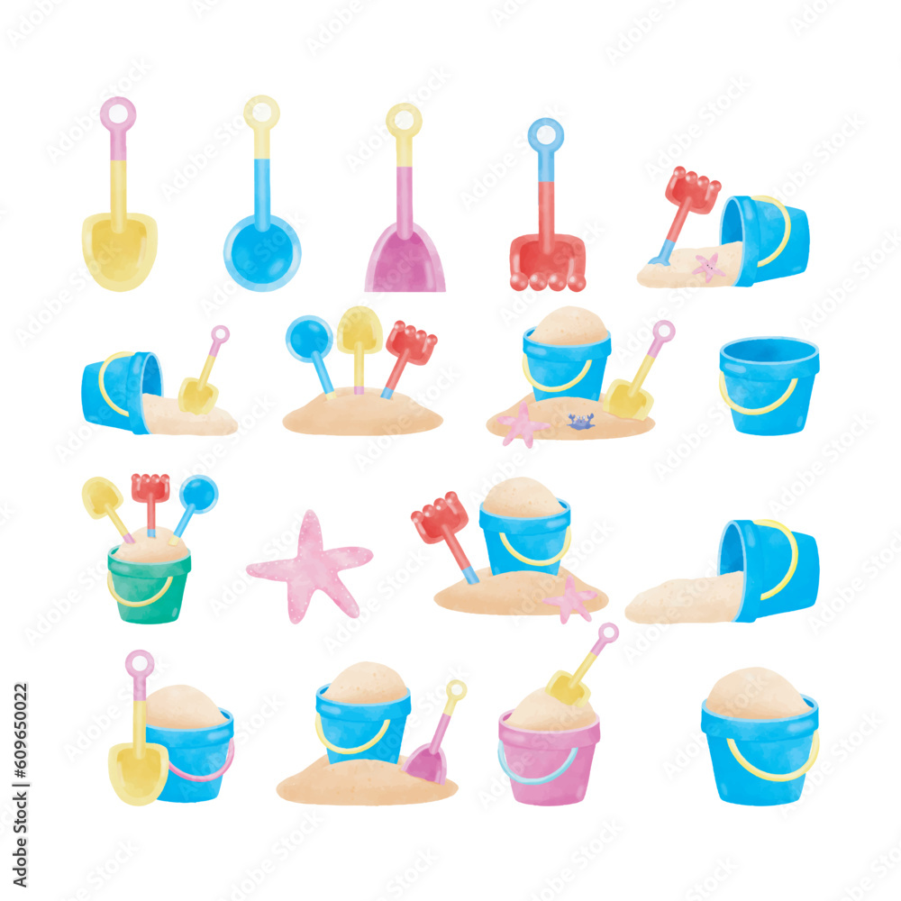 set of toy beach Sand bucket and shovel rake watercolor cartoon on ...