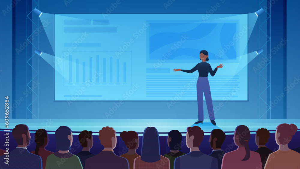 Public lecture, business training for audience vector illustration. Cartoon woman presenting ...