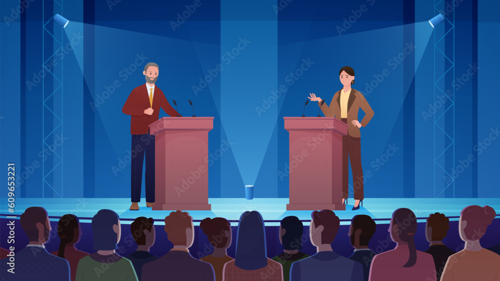 Political debate between two politicians on stage vector illustration ...