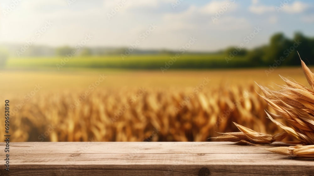 The empty wooden brown table top with blur background of corn field ...