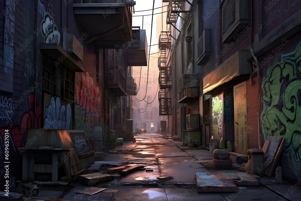 Back alley street in the town, crooked street, graffiti and abandoned ...