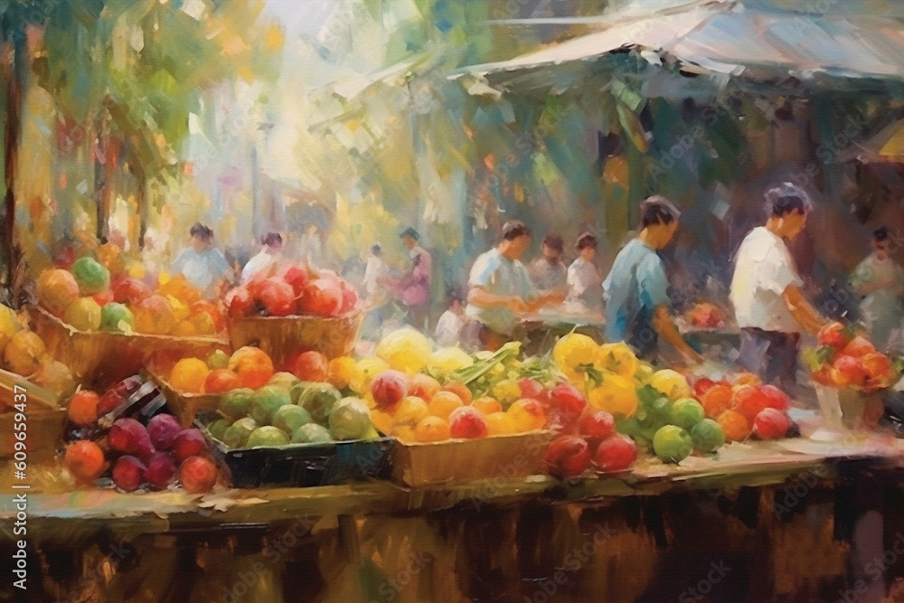 Vibrant oil painting of farmer´s food market with fruit and vegetable ...