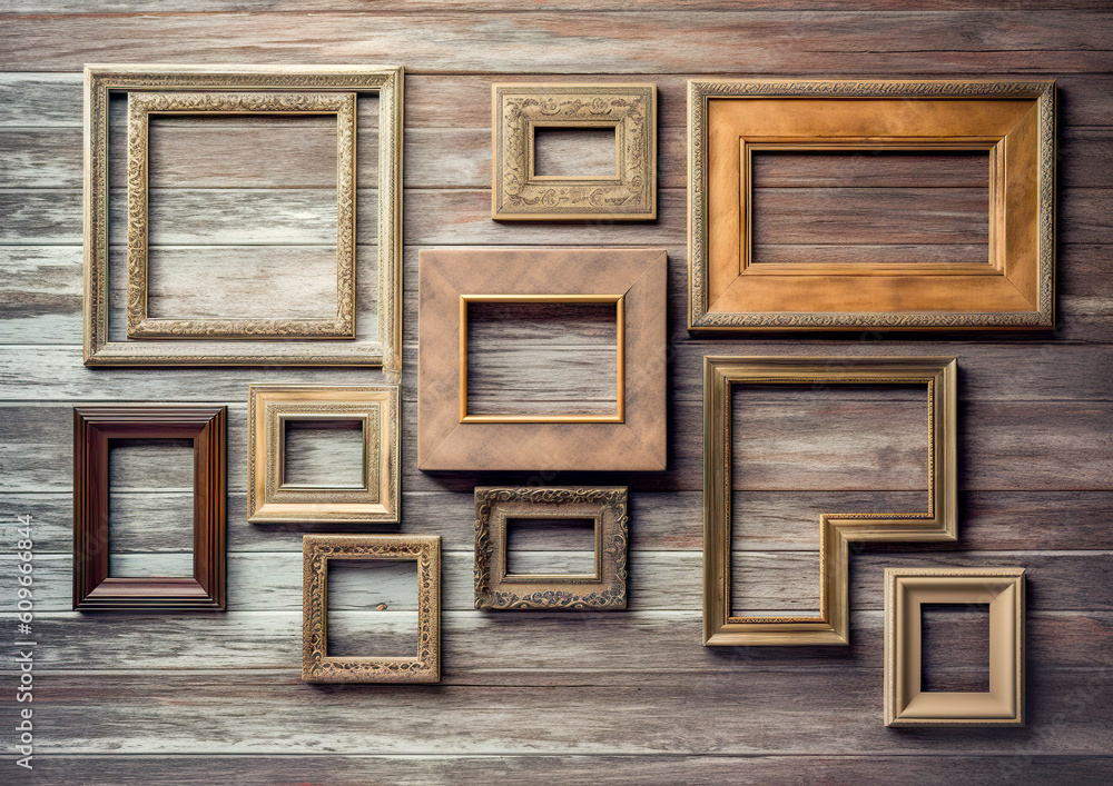 Set of empty picture frames, free space inside, isolated plank ...