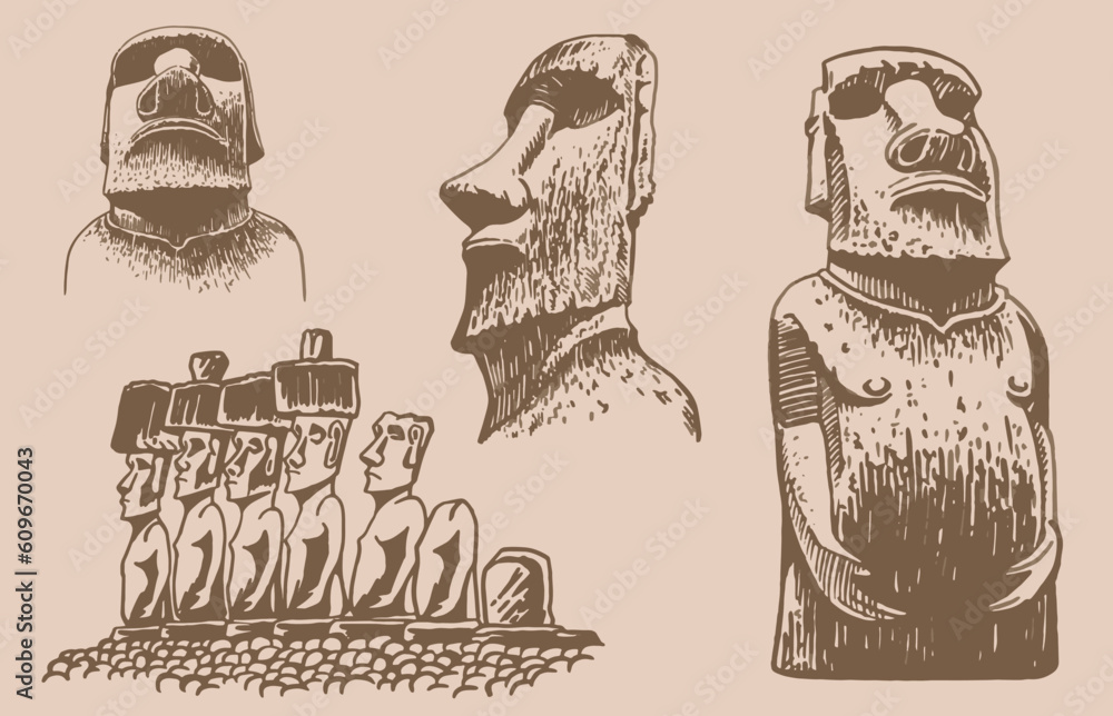 Graphical big vintage set of moai statues on sepia background, vector ...