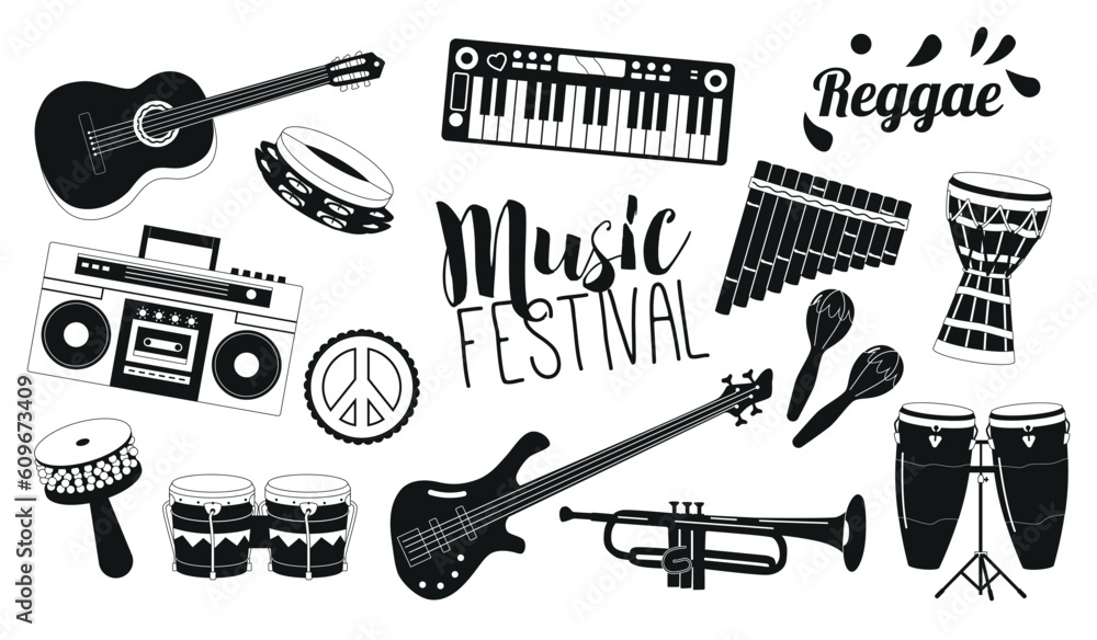 Lively Reggae-inspired Musical Instrument Isolated Black Icons Set ...