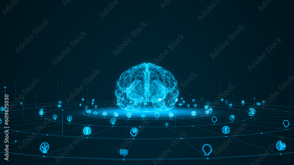 Blue particle digital brain logo with grid and rotation circle line ...