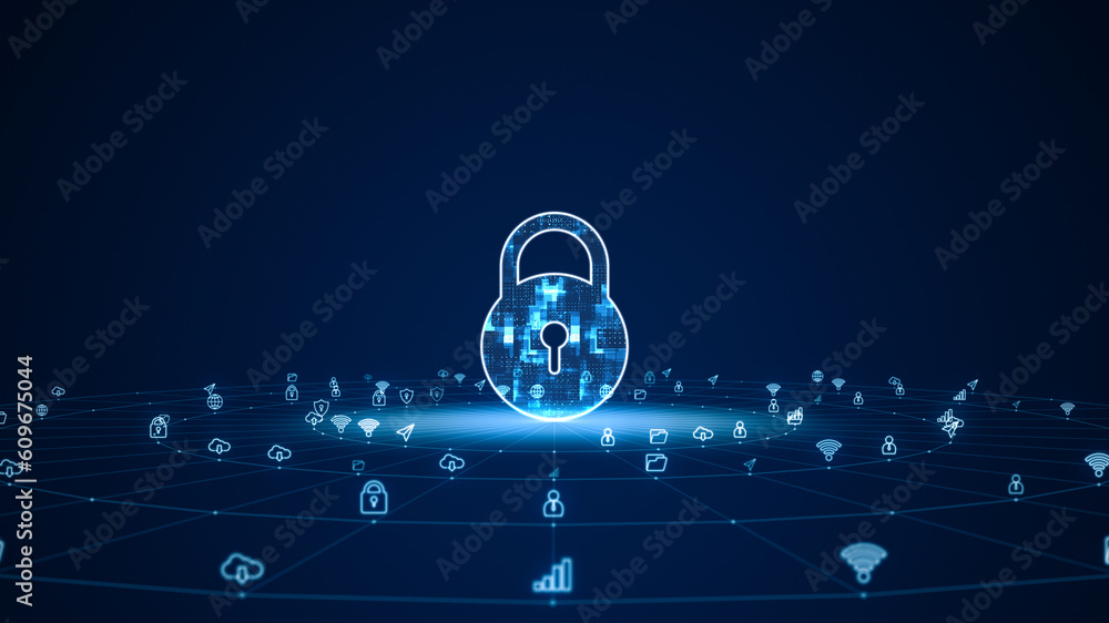 Blue digital security key logo with futuristic technology icon and line ...