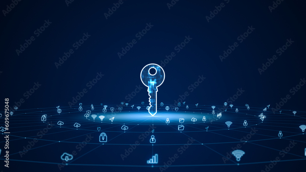 Blue digital security key logo with futuristic technology icon and line ...