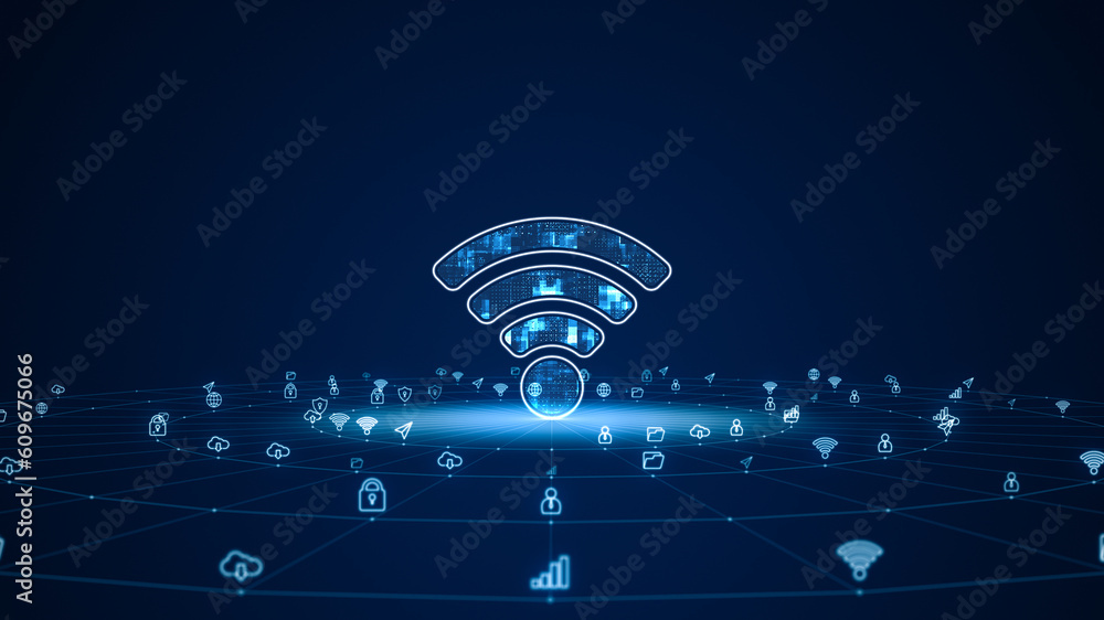 Blue digital WIFI logo with futuristic technology ai icon and line ...