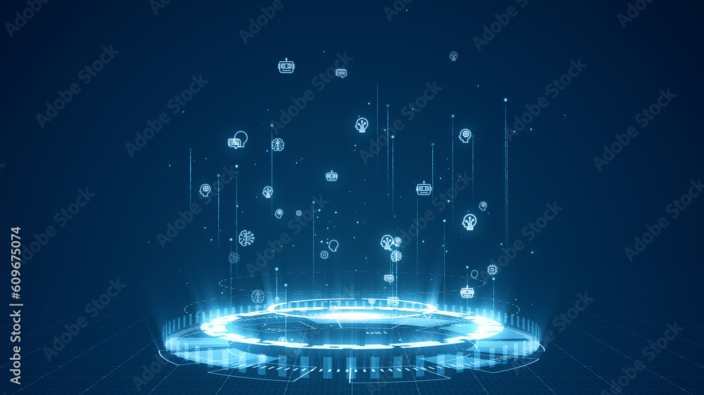 Blue digital robot icon levitation and circle futuristic HUD with Ai ...