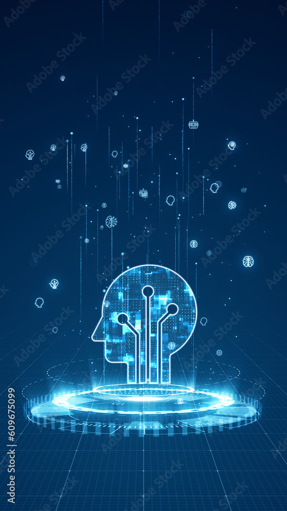 Blue digital robot head logo and circle futuristic HUD with Ai chatbot ...