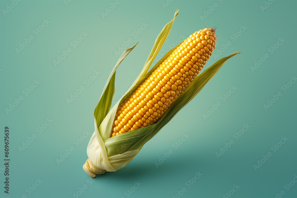 Ear of corn on a pale emerald background. Corn is used as livestock ...