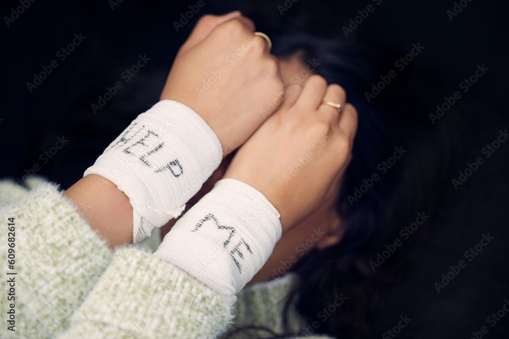 Woman, depression and wrist with help on bandage for suicide, self harm ...